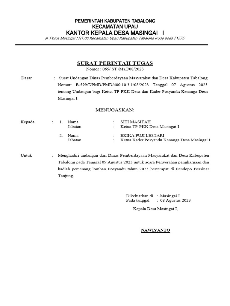 Surat Tugas Kader Posyandu Dan TP PKK Desa | PDF Surat Tugas Kader Posyandu Dan TP PKK Desa | PDF