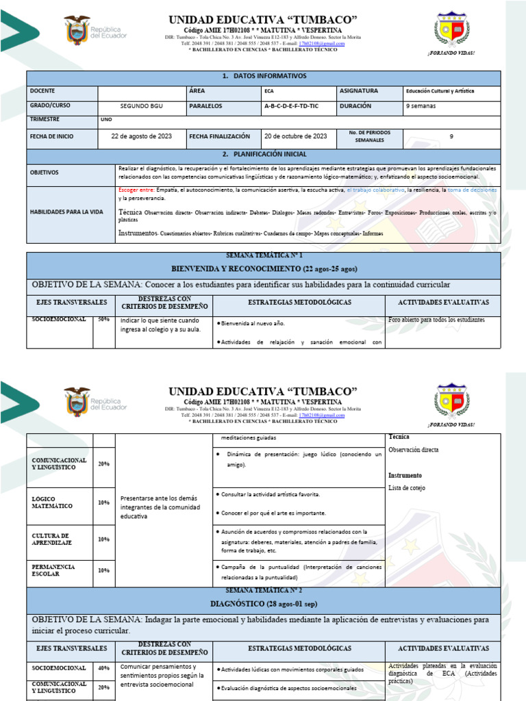 Plan Inicial ECA 2DO BGU | PDF | Evaluación | Aprendizaje