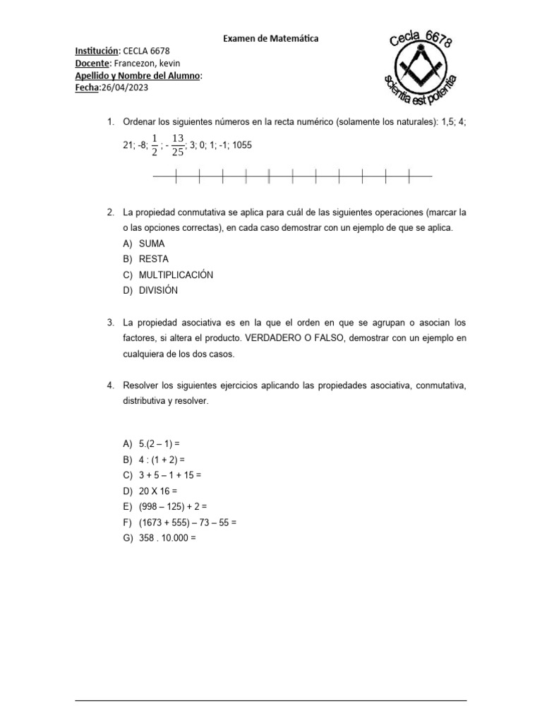 1° Examen de MATEMATICA | PDF