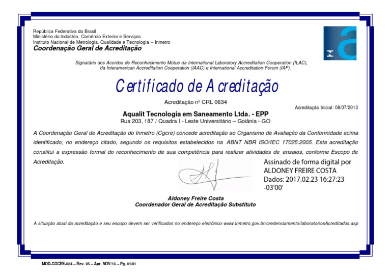 Certificado de Acreditação - INMETRO - CRL 0634 | PDF