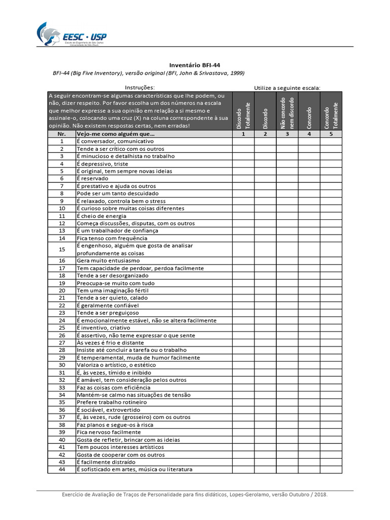 Exercicio de Avaliacao de Personalidade - Big Five - V 2018 10 22 - v4 ...