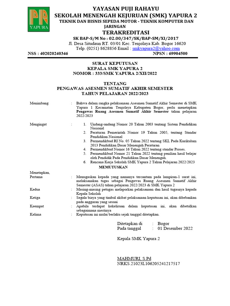 SK Pengawas SAS 2022-2023 YAPURA 2 | PDF