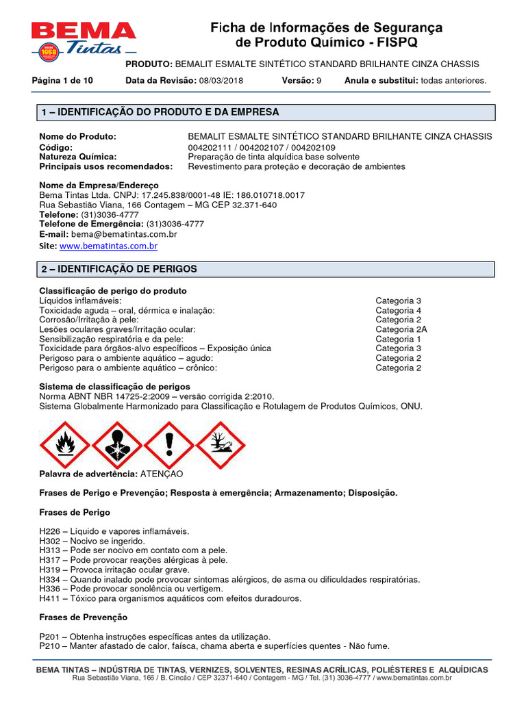 FISPQ - BEMALIT ESMALTE SINTÉTICO STANDARD BRILHANTE CINZA CHASSIS | PDF