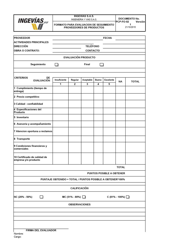 PCP-FO-02 Evaluacion Seguimiento Proveedores Productos | PDF PCP-FO-02 Evaluacion Seguimiento Proveedores Productos | PDF