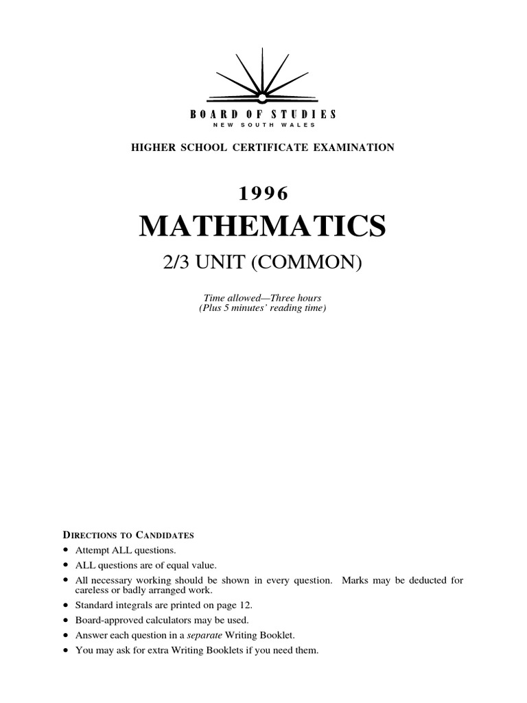 Maths 2U 1996 HSC | PDF