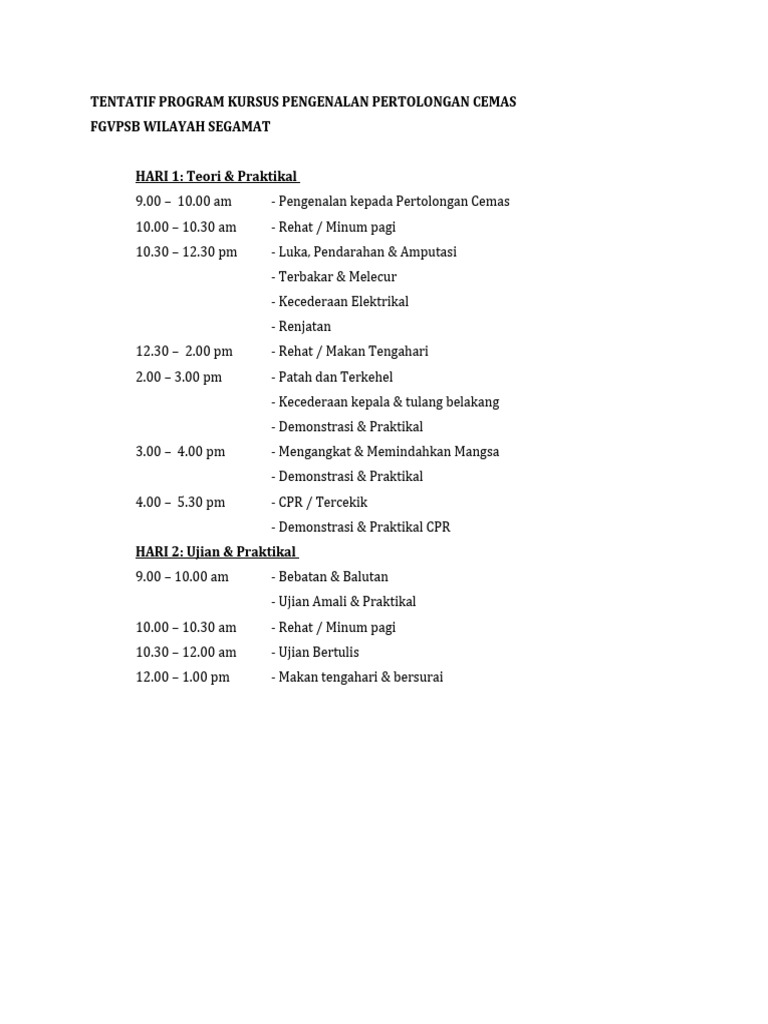 Tentatif Program Kursus Pengenalan Pertolongan Cemas | PDF