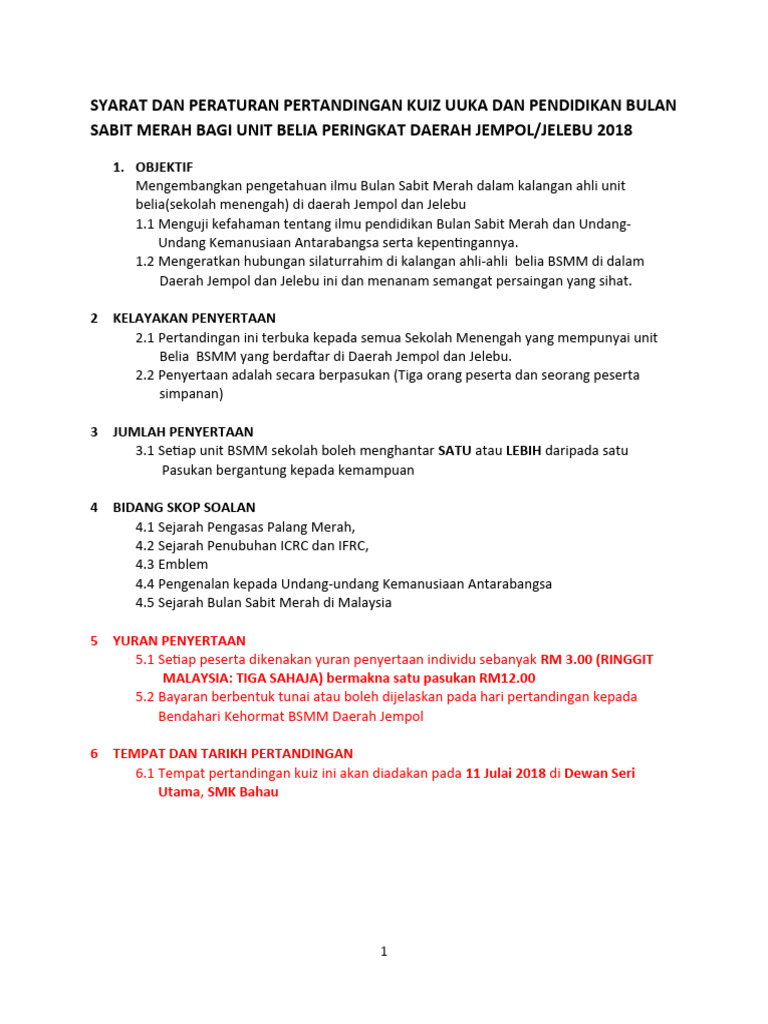 Syarat Dan Peraturan Pertandingan Kuiz Pendidikan Bulan Sabit Merah Bagi Unit Belia Peringkat ...