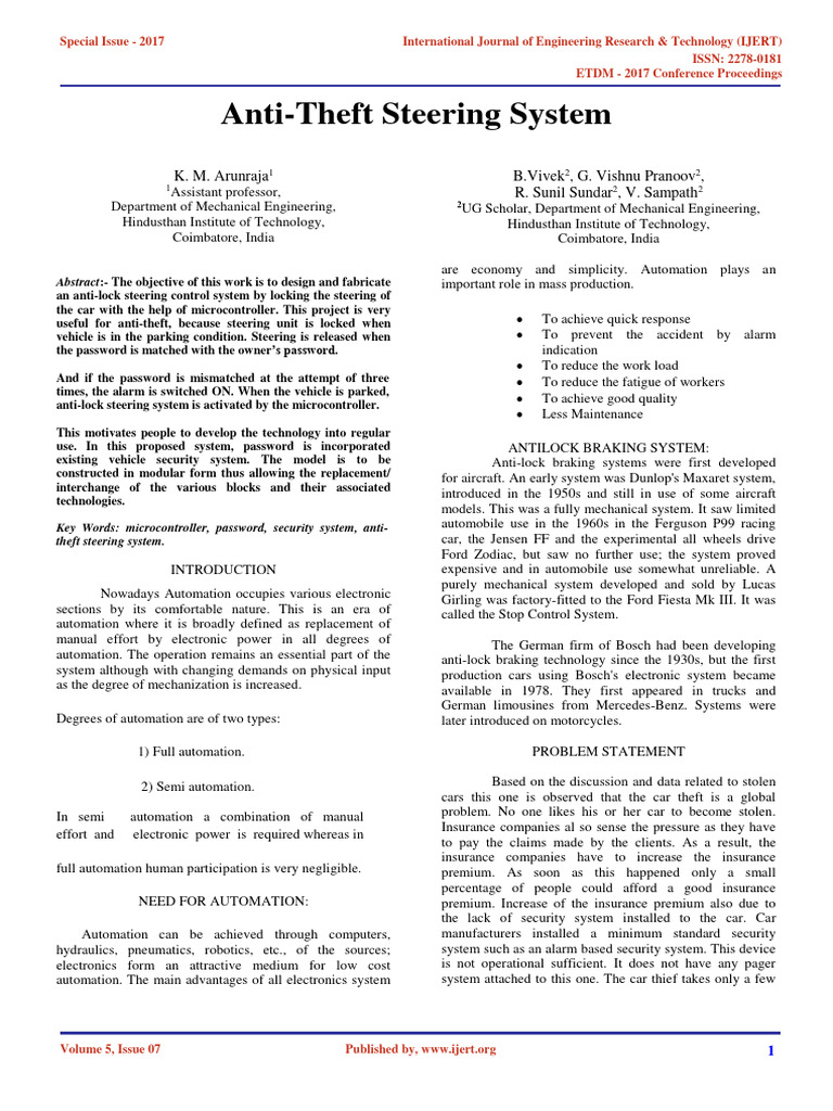 Anti Theft Steering System IJERTCONV5IS07010 | PDF | Mechanical Engineering