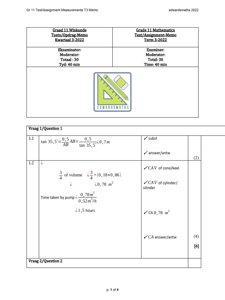 GR 11 Edwardsmaths Test or Assignment Measurements T3 2022 Memo | PDF ...