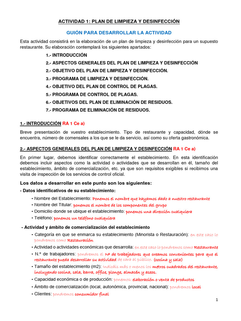 Actividad 1. Plan de Limpieza y Desinfección | PDF | Detergente | Agua