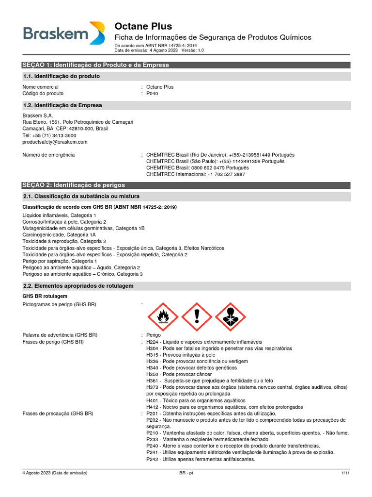 FISPQ - Octane Plus - BRA - Português | PDF