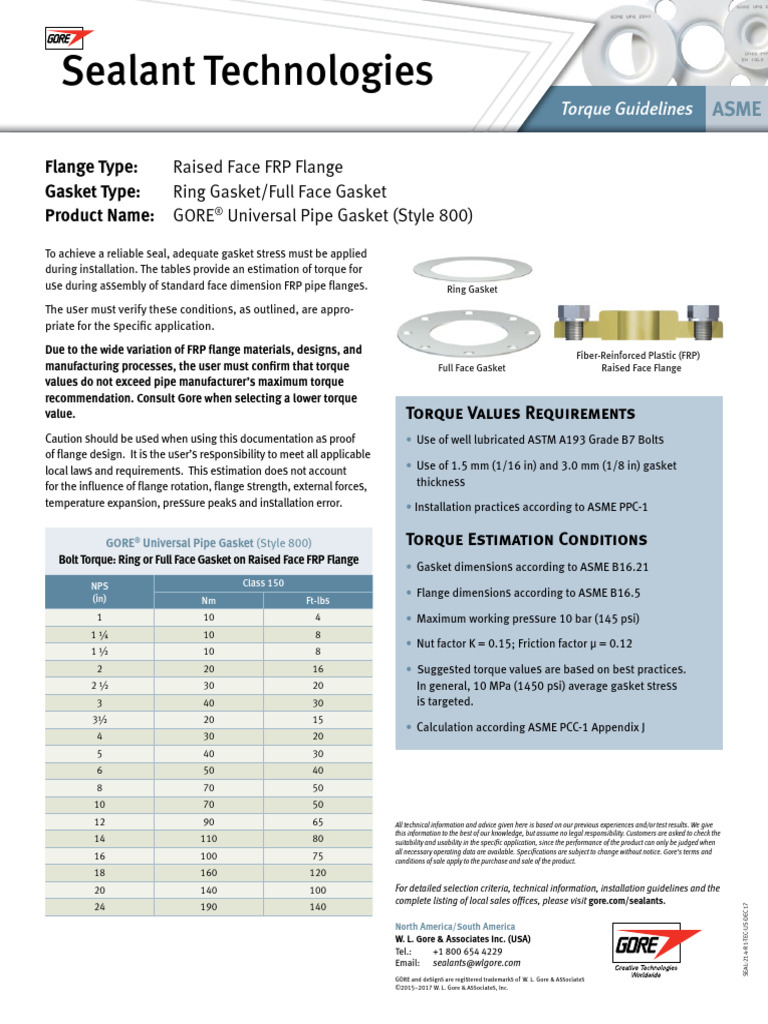 GORE Torque Table ASME Raised FRP Ring FullFace UPG Dec2017 | PDF ...