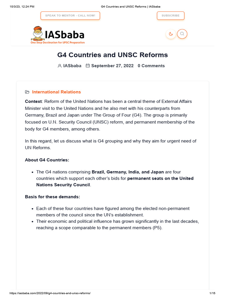 G4 Countries and UNSC Reforms - IASbaba | PDF