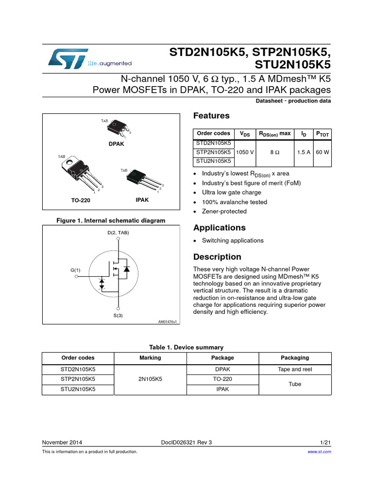 std2n105k5 stp2n105k5 Stu2n105k5 | PDF | Diode | Field Effect Transistor