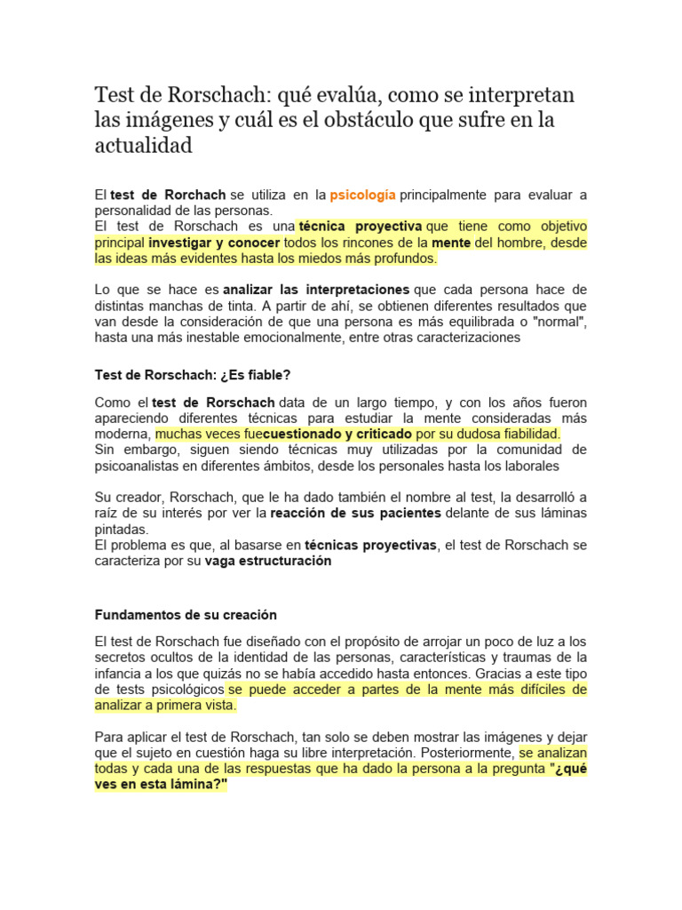 Test de Rorschach | PDF | Sicología | Ciencias del comportamiento