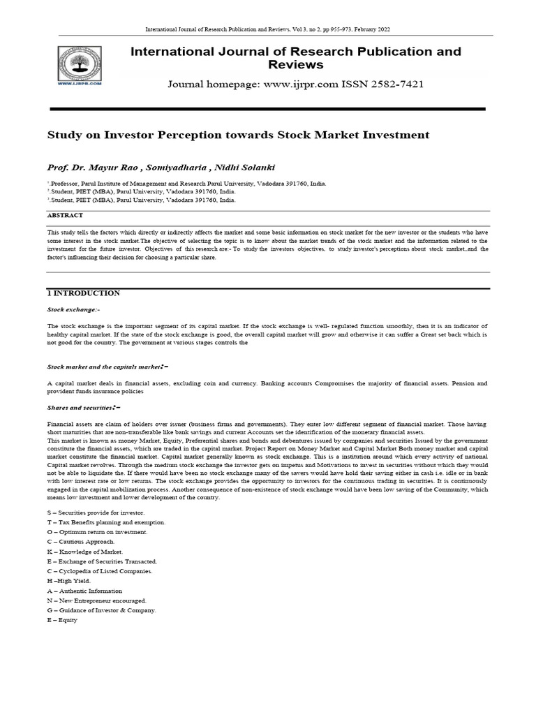 Investor Perception in Stock Market | PDF | Investing | Stocks
