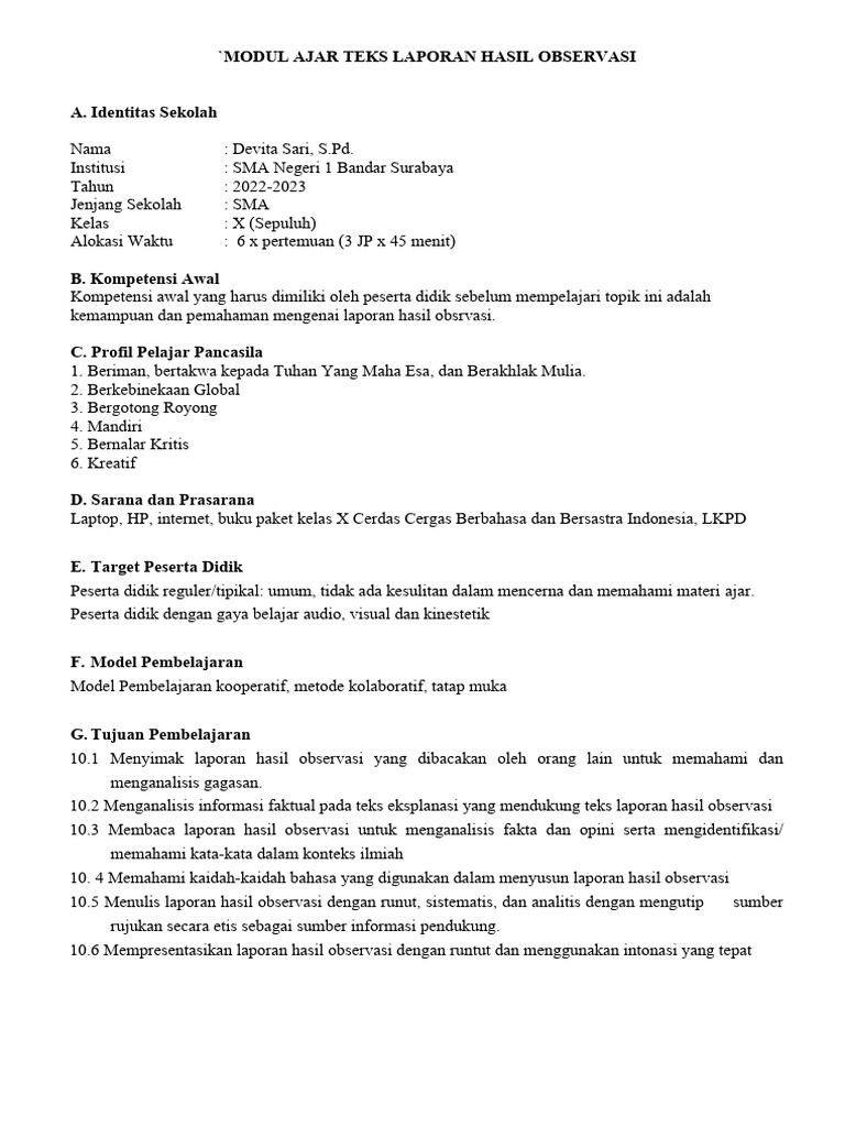 MODUL AJAR TEKS LAPORAN HASIL OBSERVASI | PDF