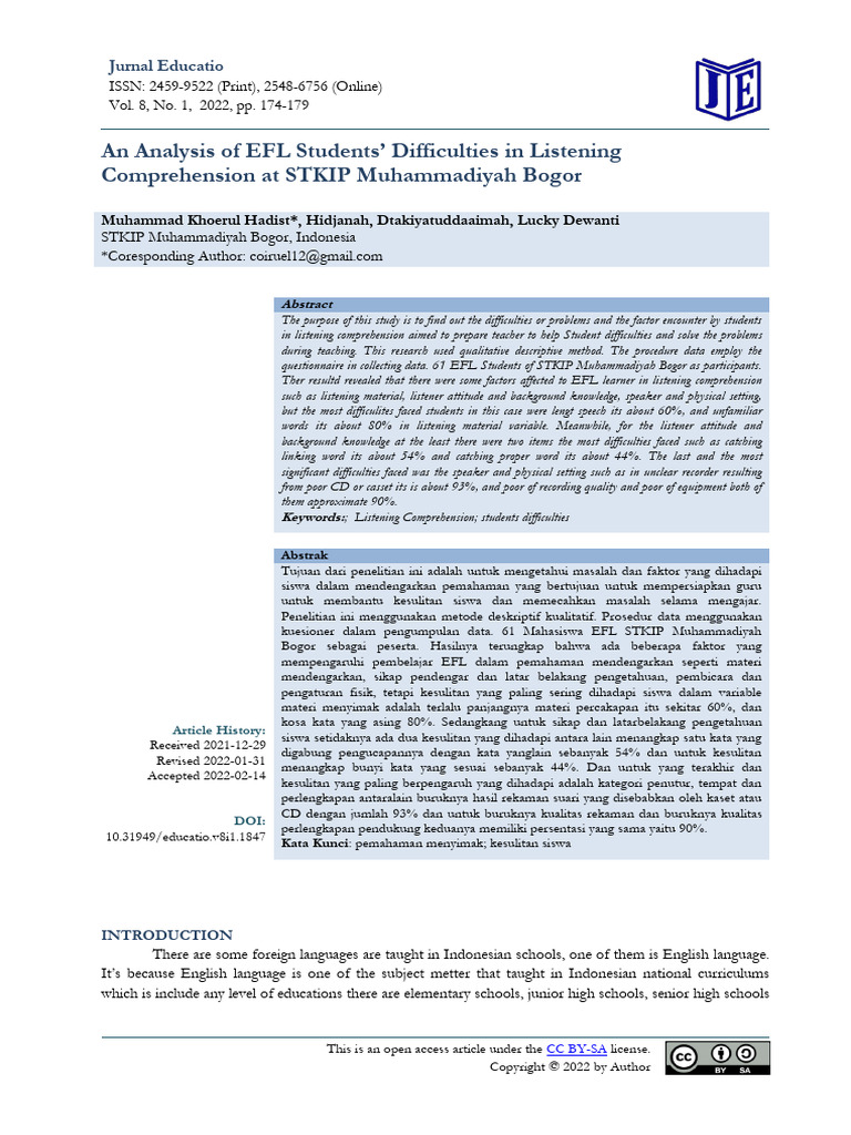 An Analysis of EFL Students' Difficulties in Listening Comprehension at STKIP Muhammadiyah Bogor ...