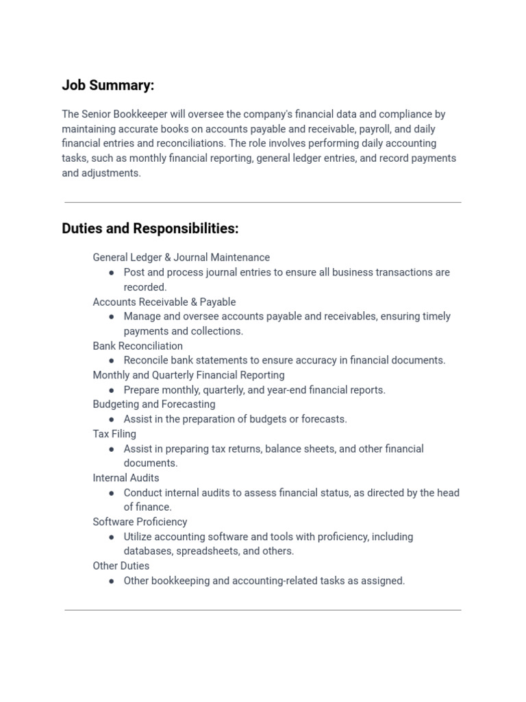 Senior Bookkeeper Job Responsibilities | PDF | Finance & Money Management