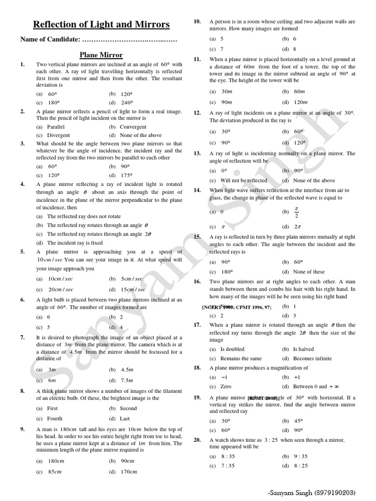Physics Quiz: Mirrors & Light | PDF