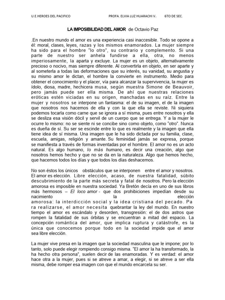 Lect La Imposibilidad Del Amor de Octavio Paz | PDF