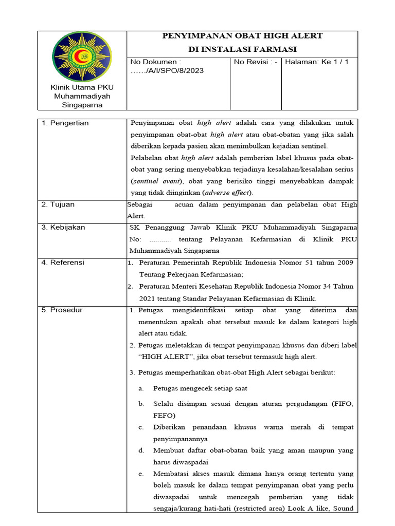 Penyimpanan Obat High Alert Di Instalasi Farmasi Fixx Pdf