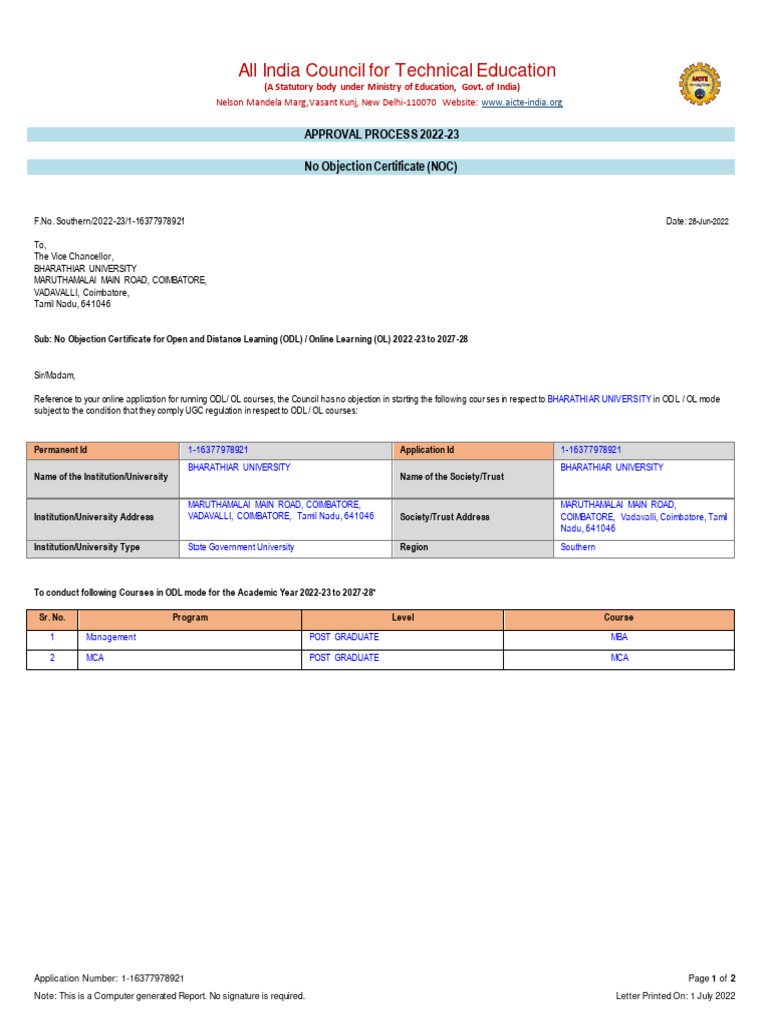 1143 - AICTE - No Objection Certificate | PDF
