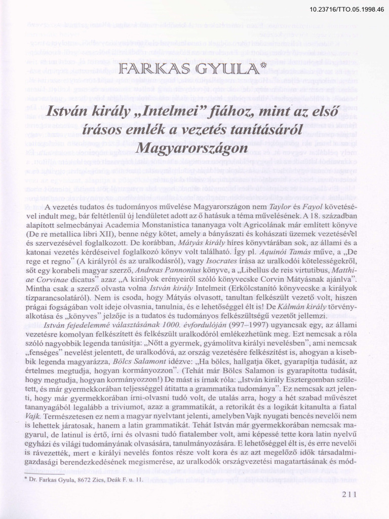 Farkas Gyula - István Király Intelmei" Fiához | PDF