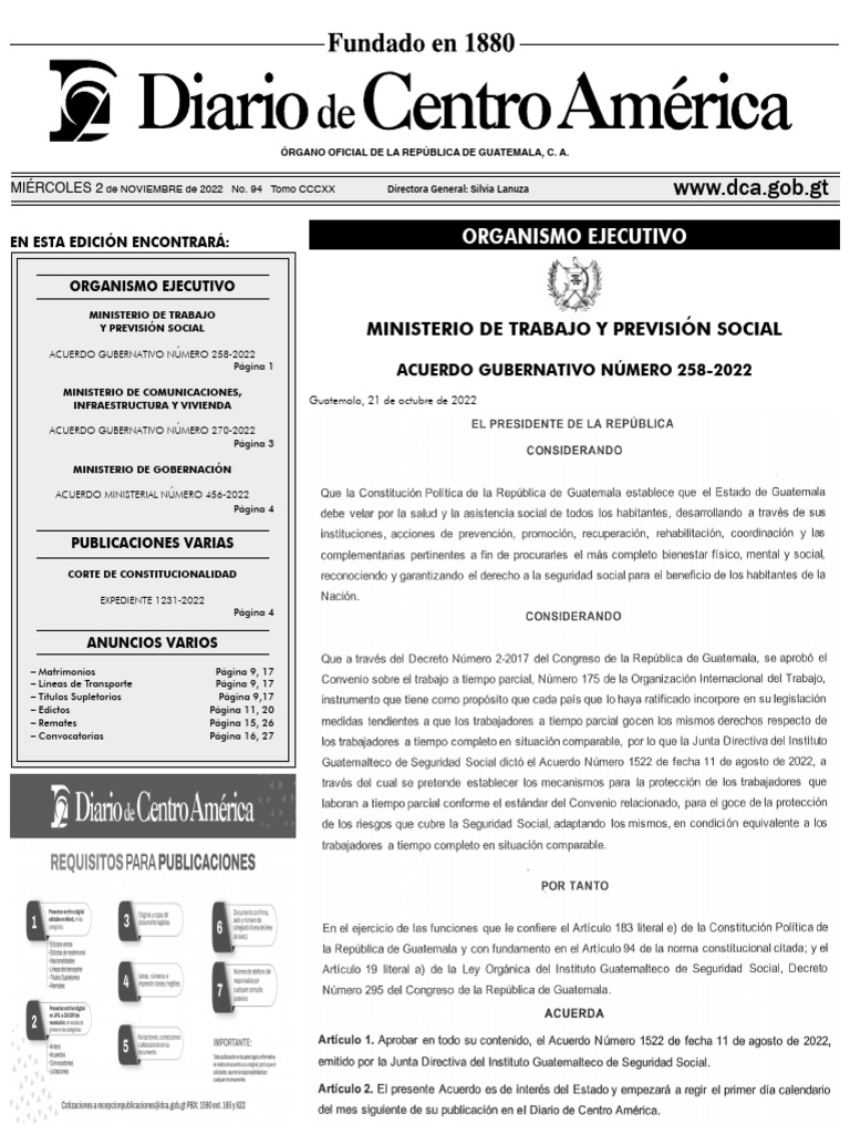 Acuerdo Gubernativo 258 2022 y Acuerdo 1522 de Junta Directiva IGSS | PDF