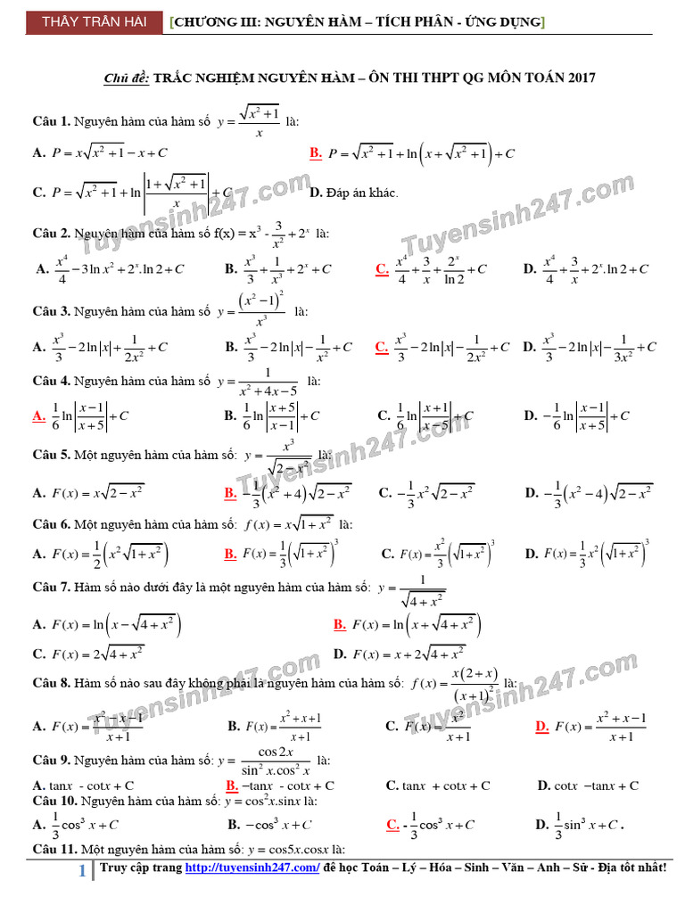 Trac Nghiem Nguyen Ham Co Dap An Cuc Hot | PDF