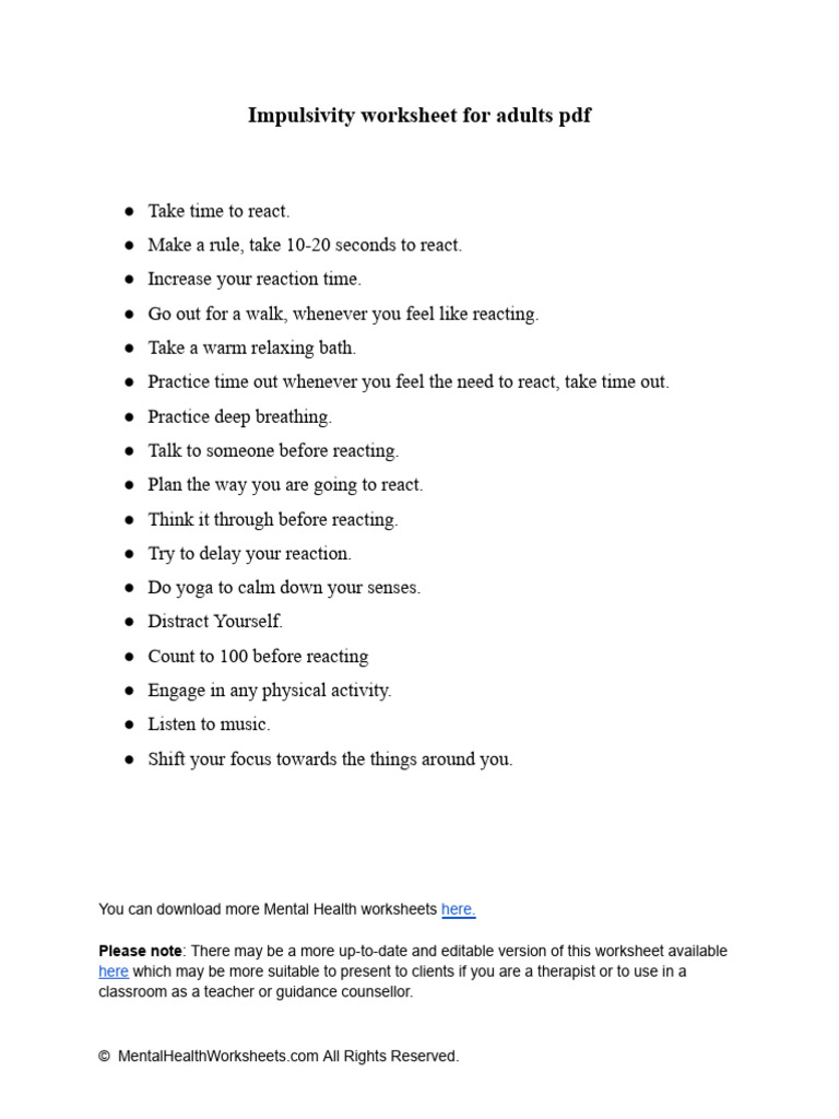Impulsivity Worksheet For Adults PDF | PDF