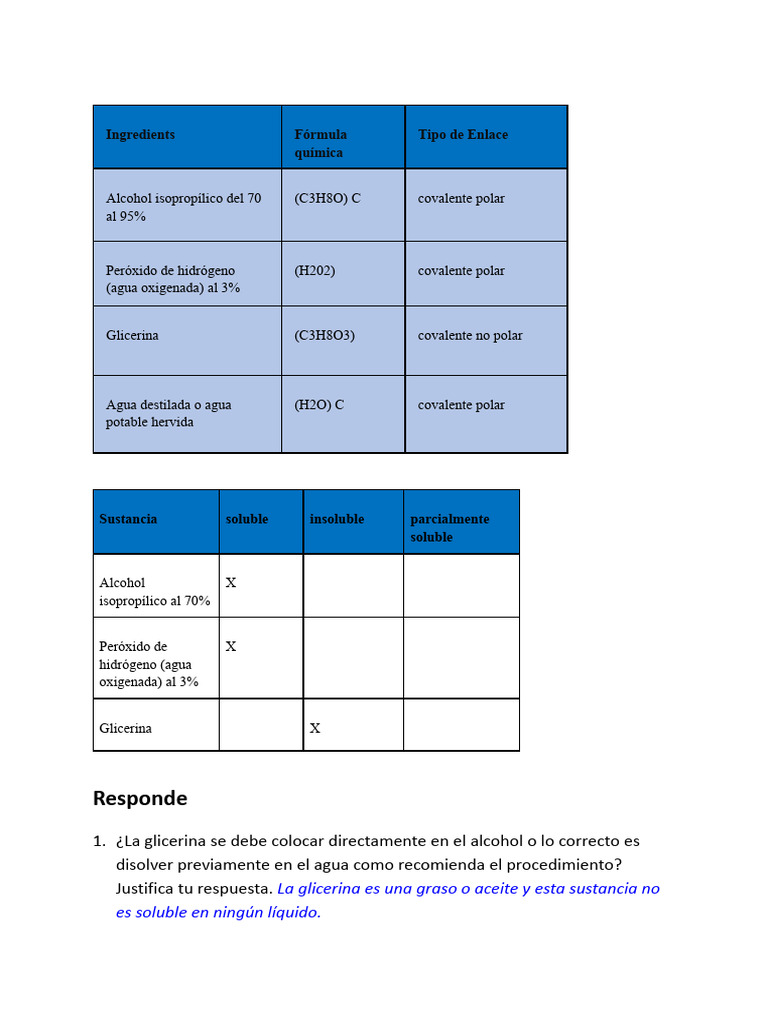 ACTIVIDAD de Química Orgánica, Experimento Glicerina, Agua y Alcohol | PDF