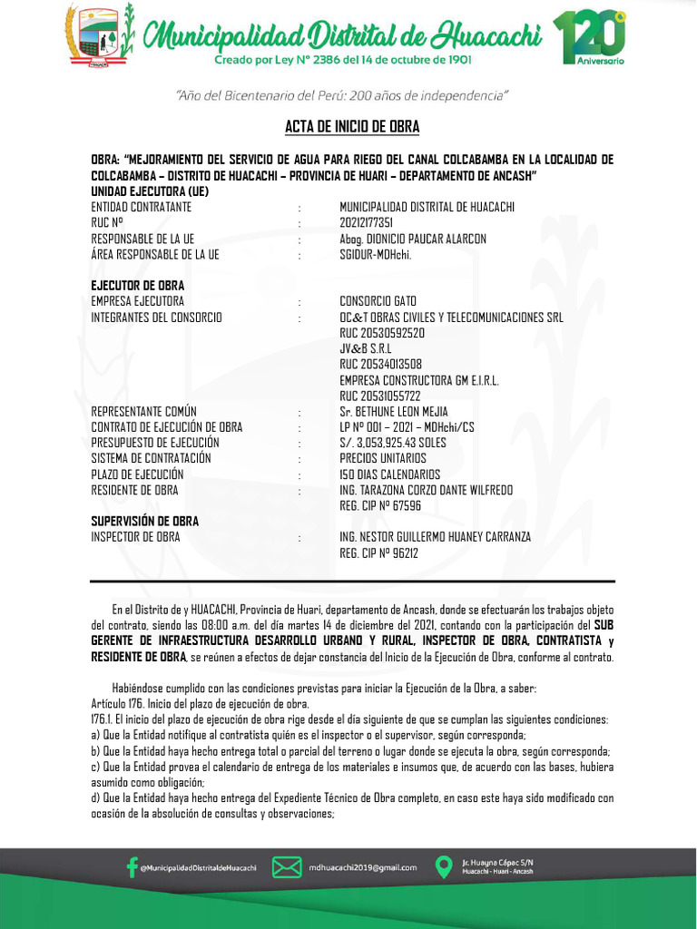 Acta de Inicio de Obra | PDF