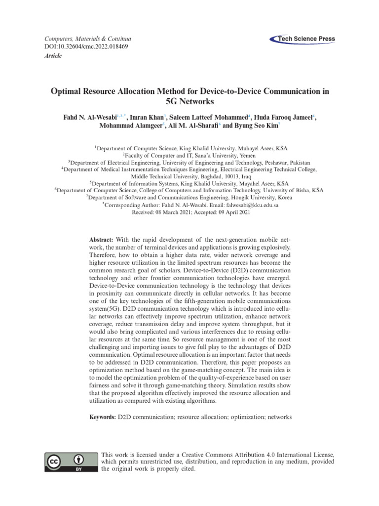 Optimal Resource Allocation Method For Device To Device Communication In 5g Networks Pdf