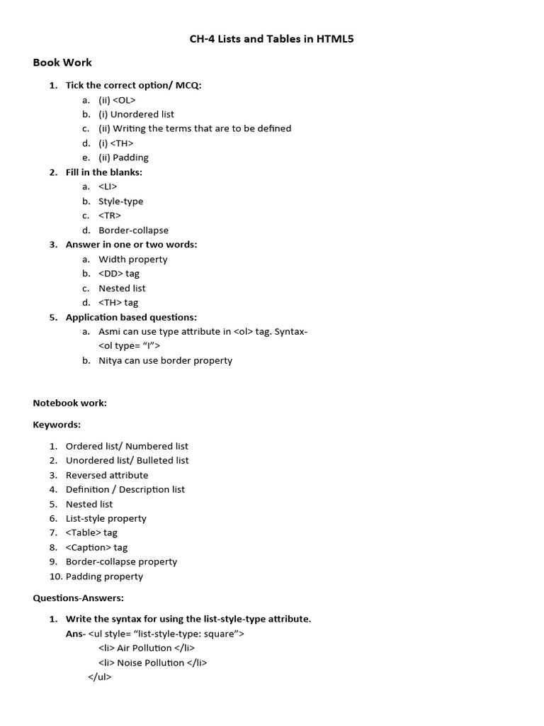 Ch-4 Lists and Tables in HTML5 | PDF | Html Element | Tag (Metadata)