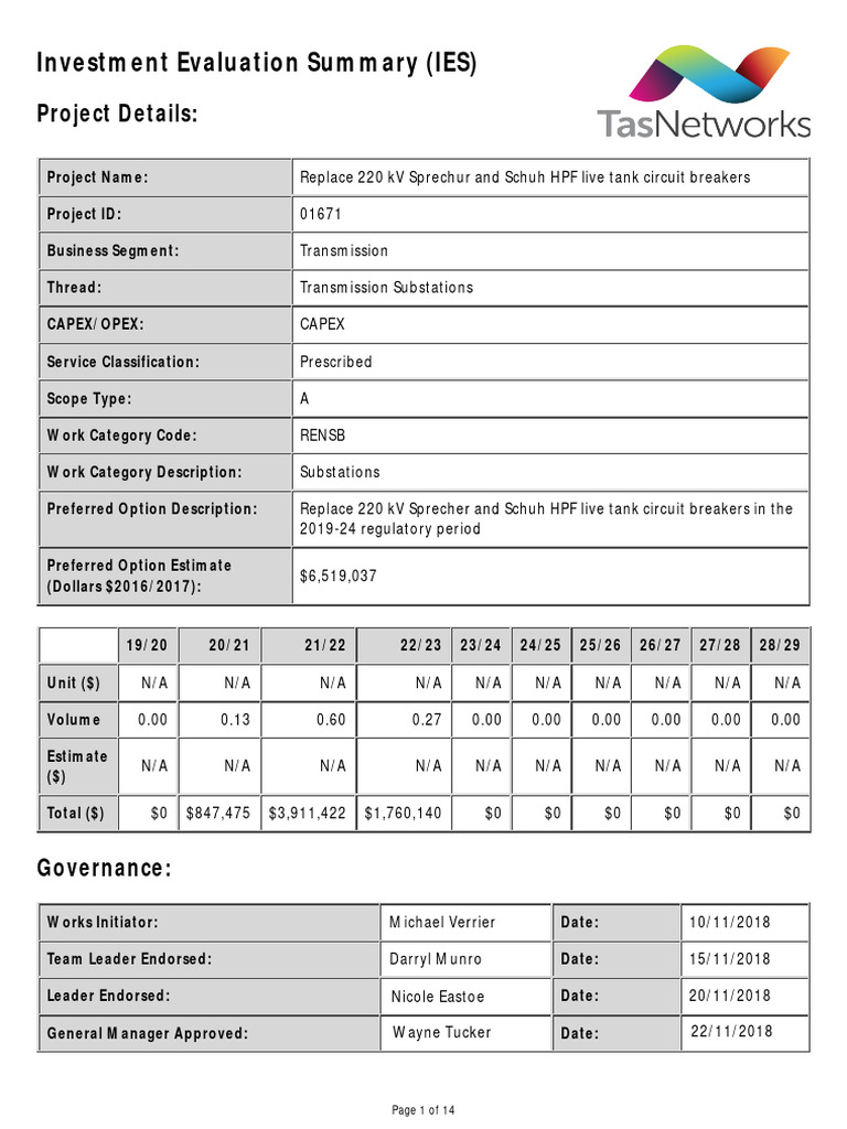 TasNetworks - Replace 220 KV Sprechur and Schuh HPF Live Tank Circuit Breakers - 29 November ...