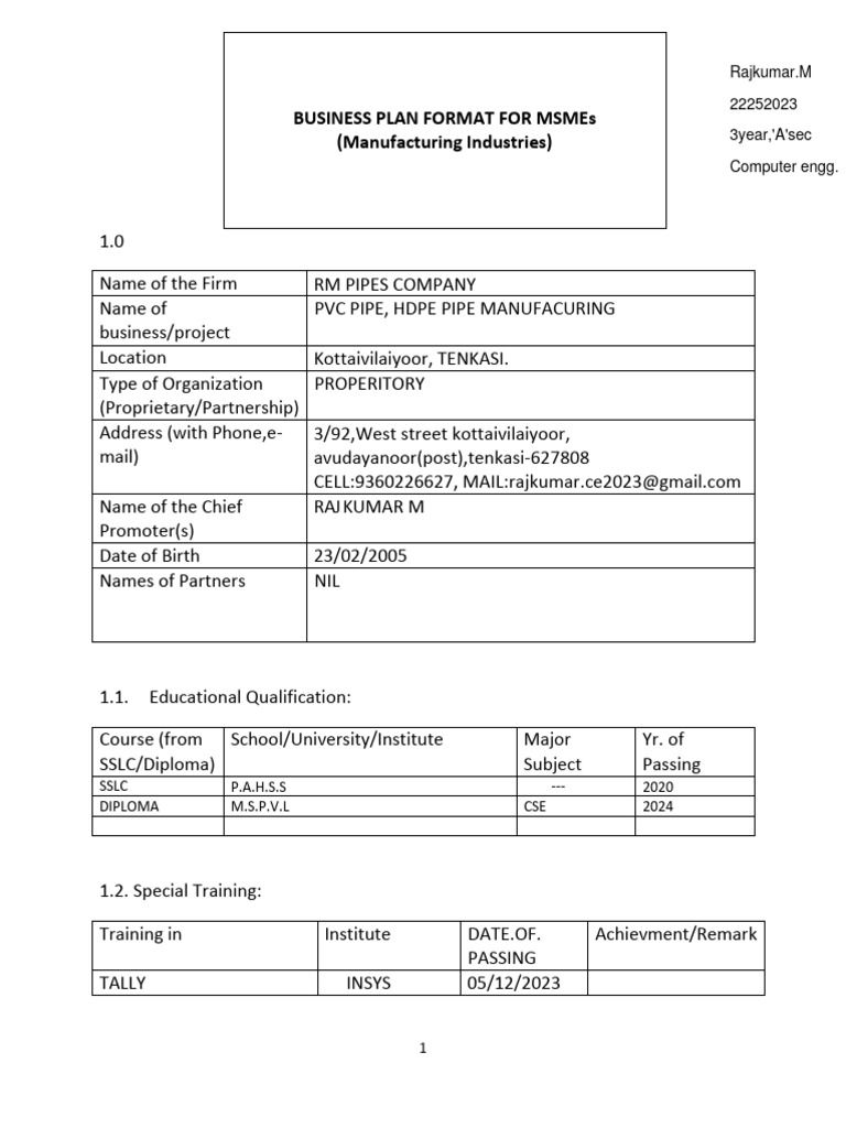 Rajkumar PVC Pipe Businessplan | PDF | Cost | Expense