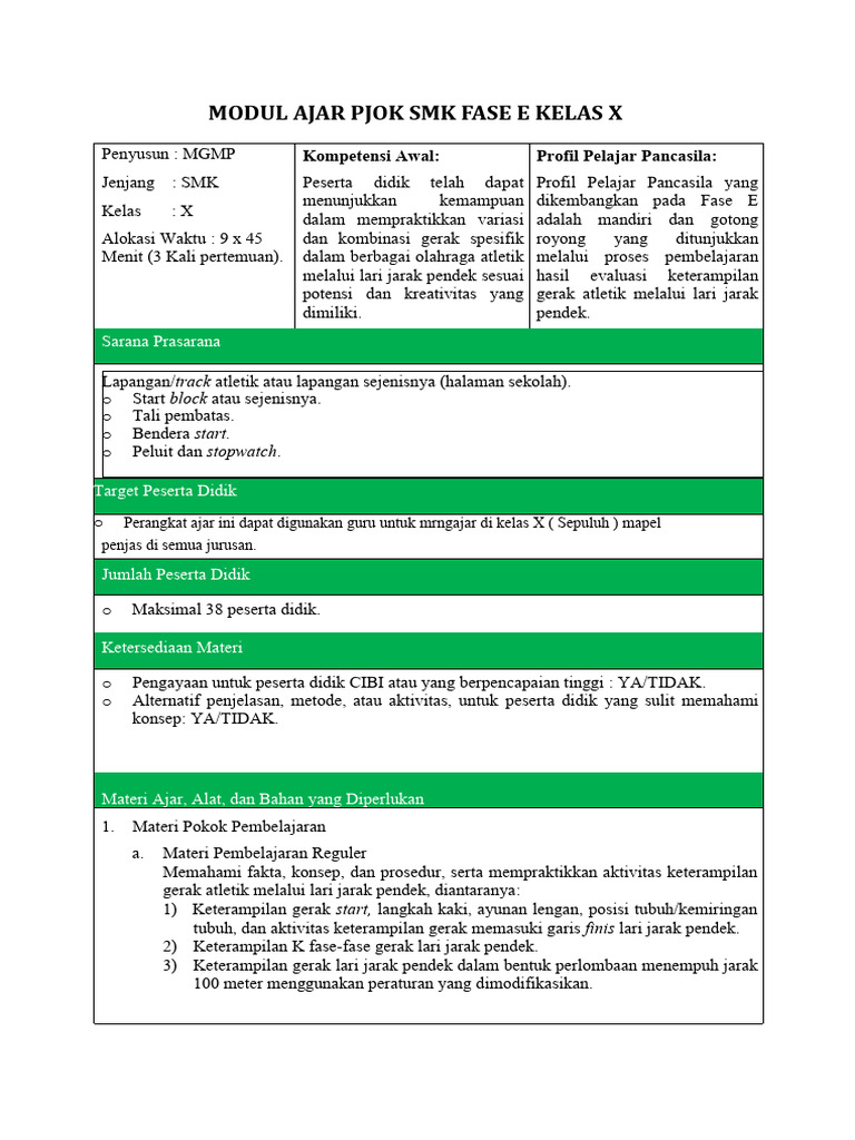 05 Modul Ajar Lari Jarak Pendek | PDF