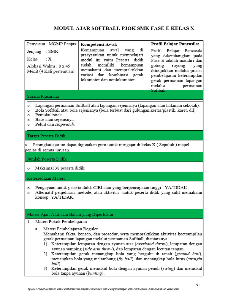 03 Modul Ajar Permainan Sofbol - 27 - 07 - 2021 - Oke | PDF