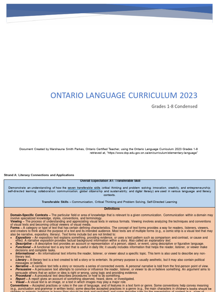 Ontario Language Curriculum 2023 Overview | PDF | Communication | Narrative