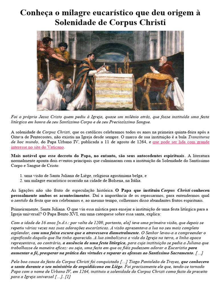 Milagre Eucarístico e Corpus Christi | PDF | Eucaristia | Igreja católica