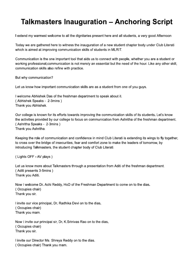 Talkmasters Inauguration Anchoring Script | PDF