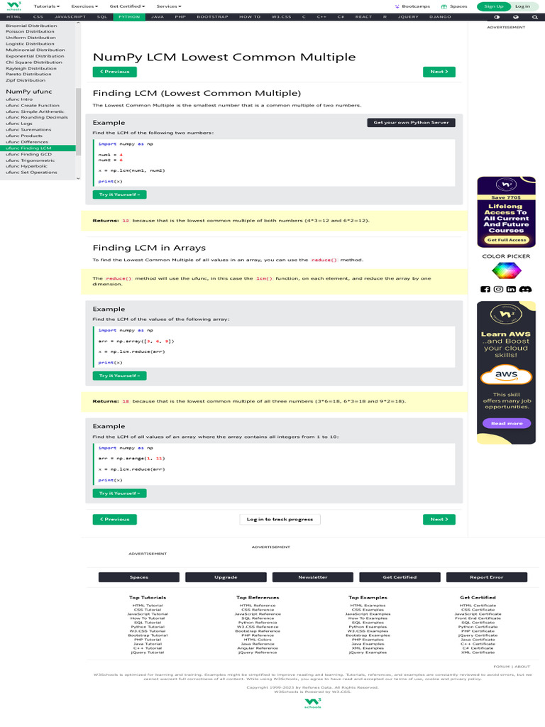 NumPy Ufuncs - LCM - Lowest Common Multiple | PDF