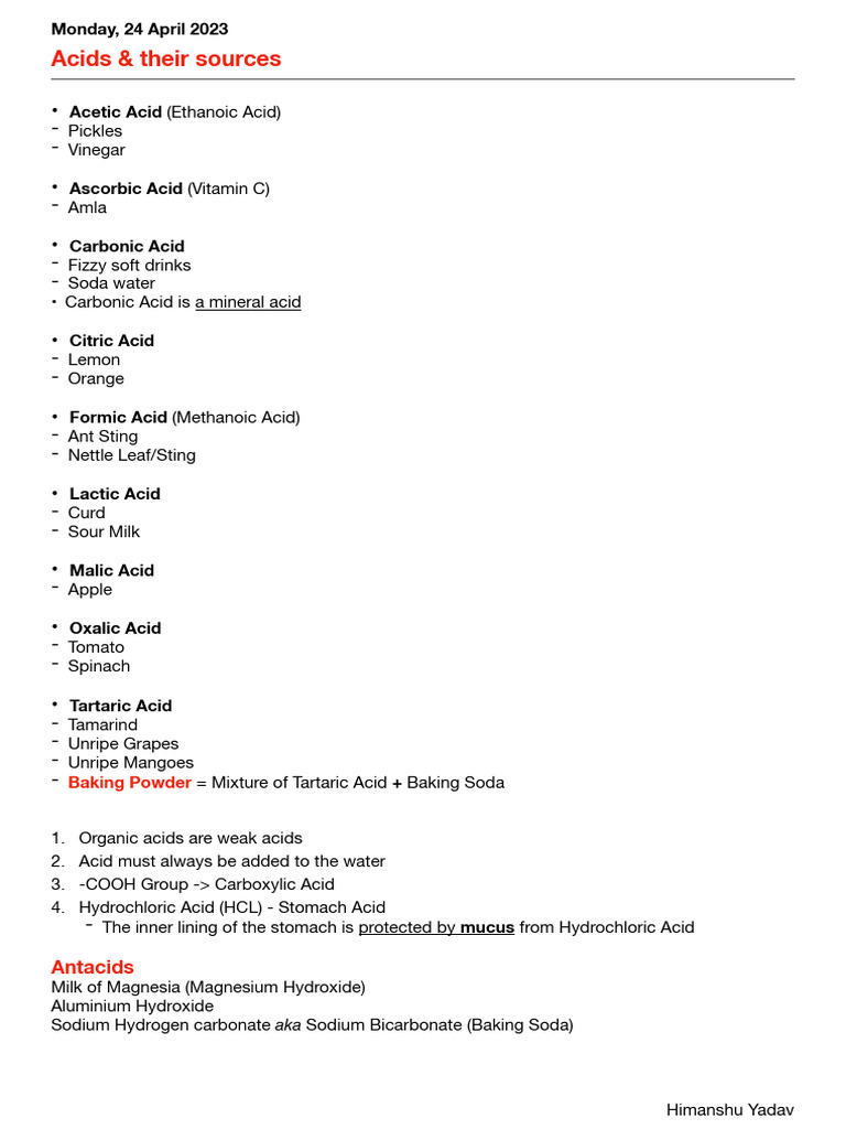 Sources of Common Acids | PDF