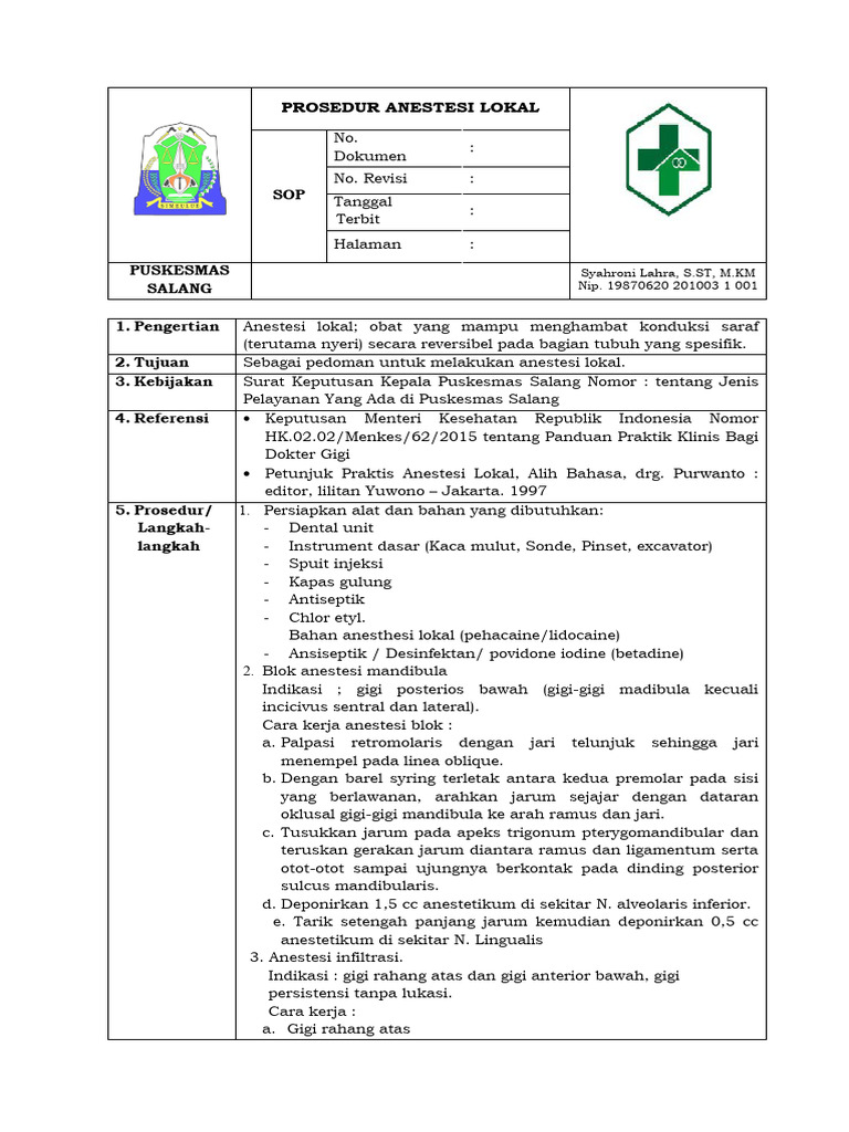 SOP PROSEDUR ANESTESI LOKAL | PDF