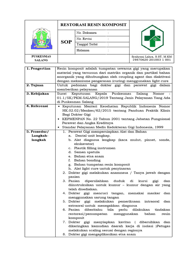 Sop Restorasi Resin Komposit | PDF | Kesehatan Holistik | Sains & Matematika