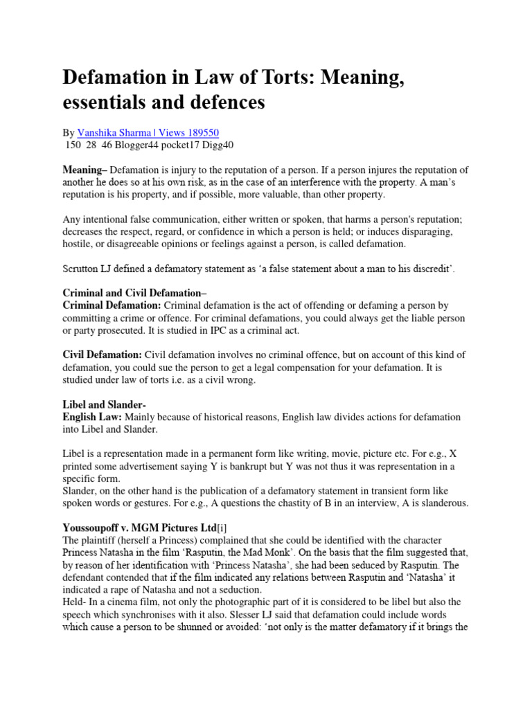 Defamation in Law of Torts | PDF | Defamation | Crimes