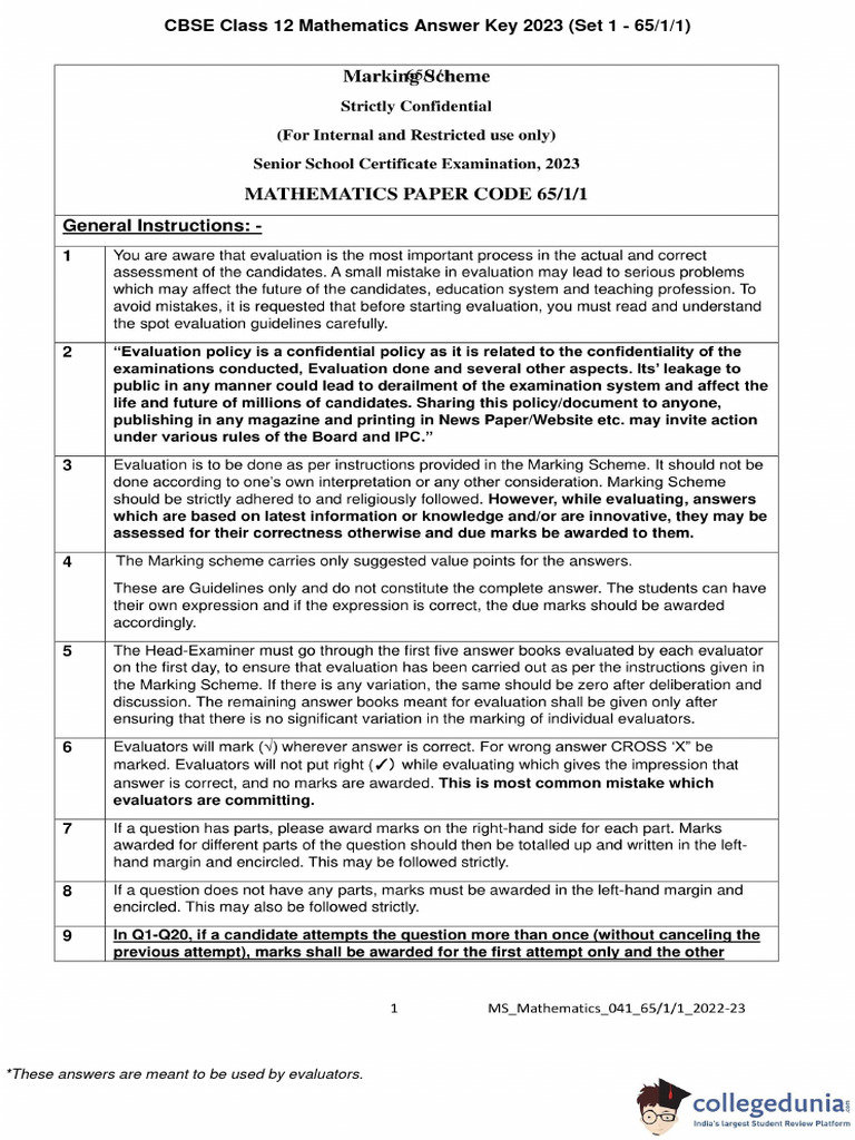 CBSE Class 12 Mathematics Answer Key 2023 Set 1 65 1 1 | PDF CBSE Class 12 Mathematics Answer Key 2023 Set 1 65 1 1 | PDF