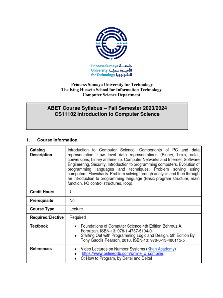 Intro to Computer Science Syllabus | PDF