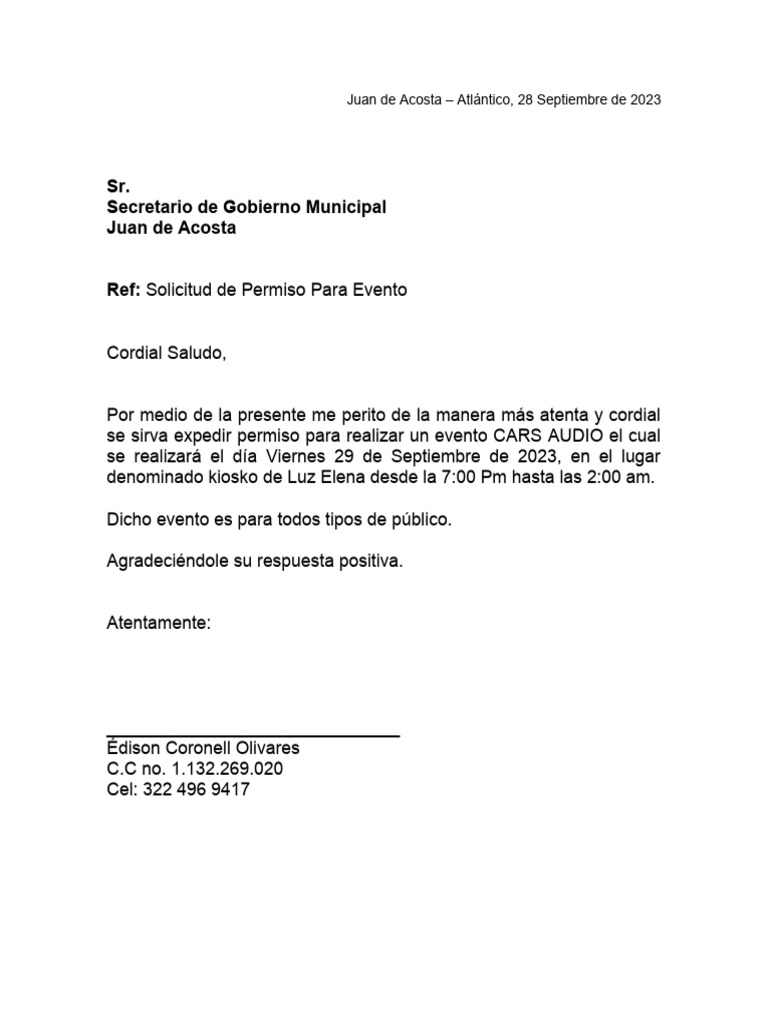 Solicitud de Permiso Para Evento Alcaldia de Juan de Acosta | PDF